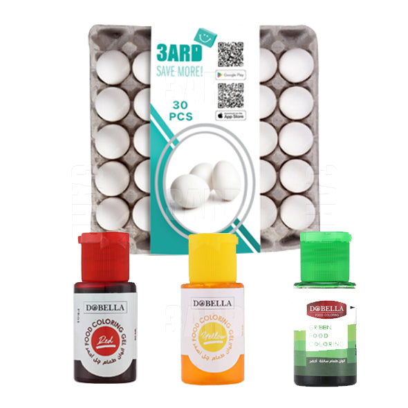 3ard White Egg 30 pcs + 3 Dobella Food Coloring ( Red Yellow Green )